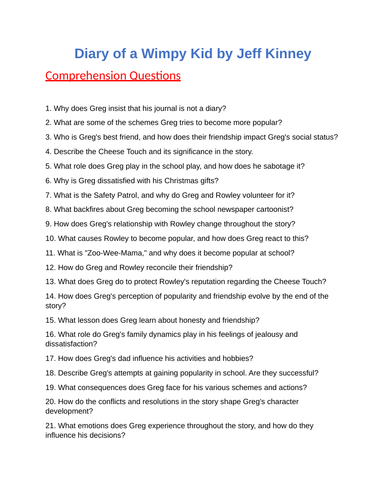 Diary of a Wimpy Kid : Reading comprehension Questions - Test / Quiz ...