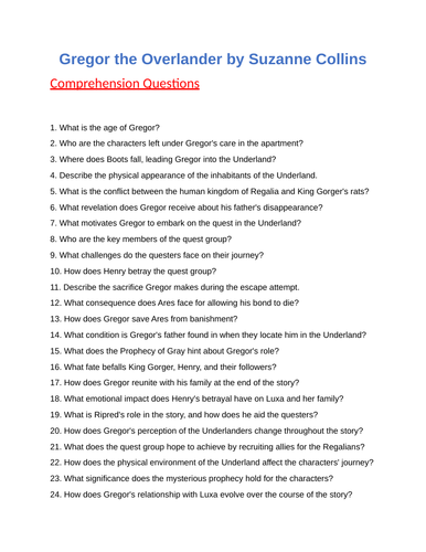 Gregor the Overlander : Reading comprehension Questions - Test / Quiz ...