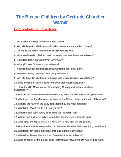 The Boxcar Children : Reading comprehension Questions - Test / Quiz ...