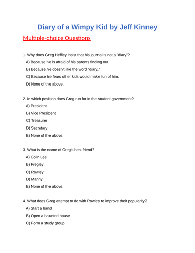 Diary of a Wimpy Kid : Multiple choice Questions - Test / Quiz ...
