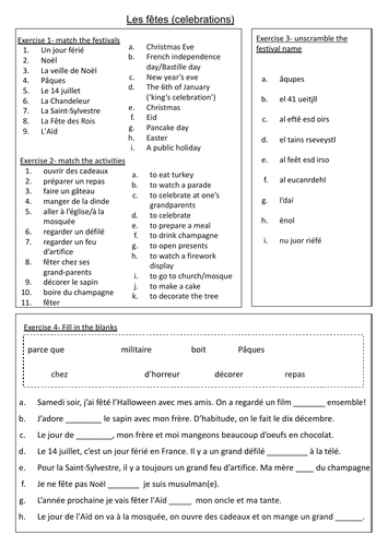Les fêtes GCSE conti style worksheet | Teaching Resources