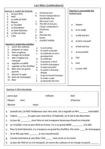 Les fêtes GCSE conti style worksheet | Teaching Resources