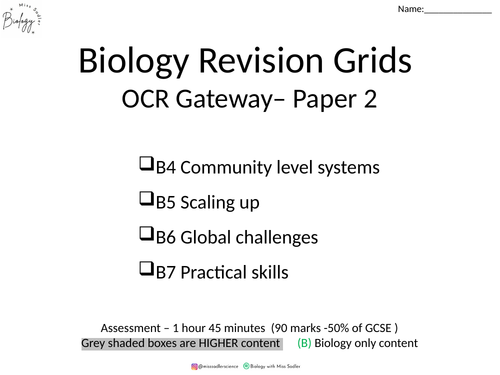 OCR Gateway Biology revision grid booklet for paper 2 | Teaching Resources