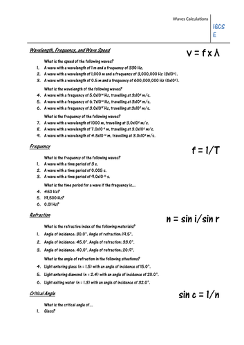 Waves Calculations Worksheet | Teaching Resources