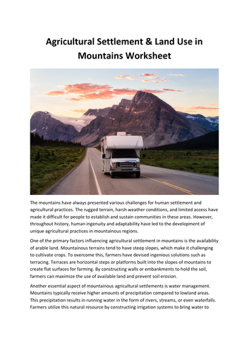 Agricultural Settlement & Land Use in Mountains Worksheet | Teaching ...