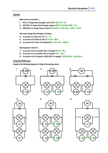 Electricity Calculations Worksheet | Teaching Resources