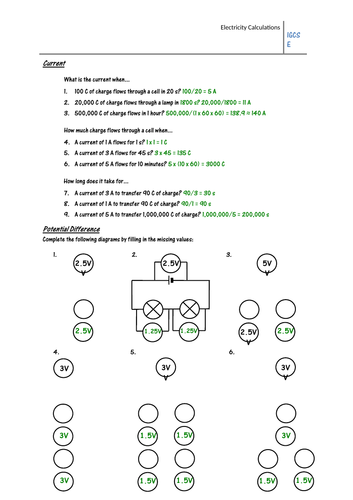 Electricity Calculations Worksheet | Teaching Resources