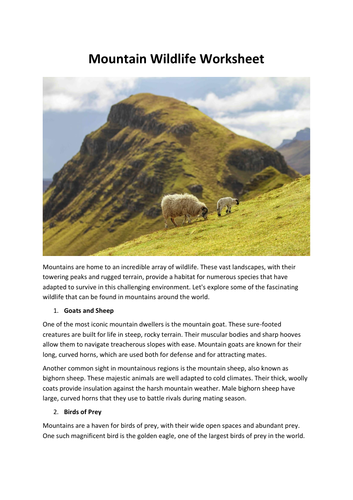 Mountain Wildlife Worksheet | Teaching Resources