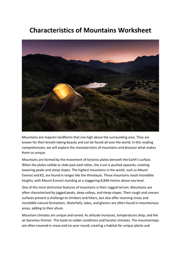 Characteristics of Mountains Worksheet | Teaching Resources