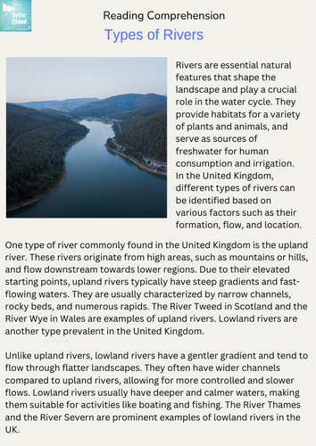 Types of Rivers Reading Comprehension Worksheet | Teaching Resources