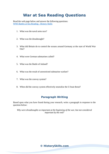 WWI Battles at Sea Reading Questions Worksheet | Teaching Resources