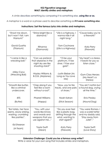 KS2 Simile and Metaphor Sorting Task - Famous Song Lyrics | Teaching Resources