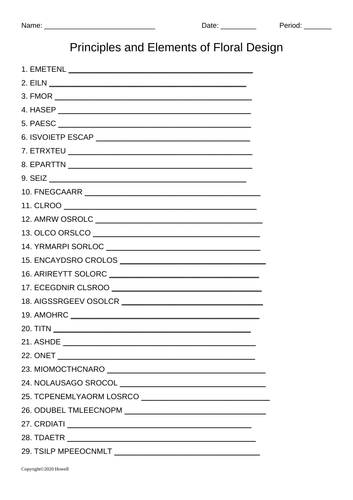 Principles and Elements of Floral Design Word Scramble | Teaching Resources