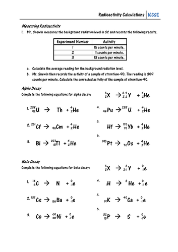 Radioactivity Calculations Worksheet | Teaching Resources