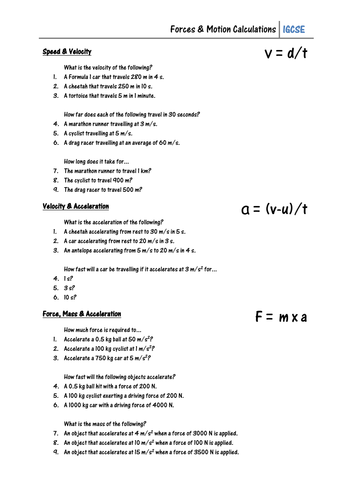 Forces & Motion Calculations Worksheet | Teaching Resources