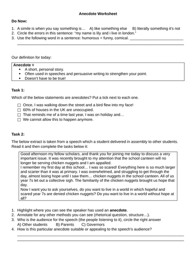 Anecdote Worksheet English Language | Teaching Resources