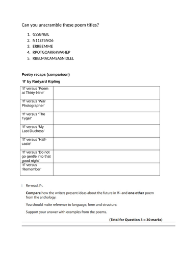 Edexcel iGCSE poetry revision | Teaching Resources