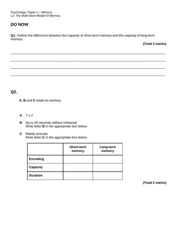 L2: Multi-Store Model - Memory - Paper 1 - Psychology | Teaching Resources