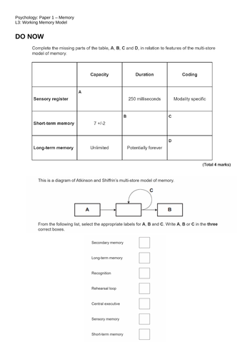 L4: Working Memory Model - Memory - Paper 1 - AQA Psychology | Teaching ...
