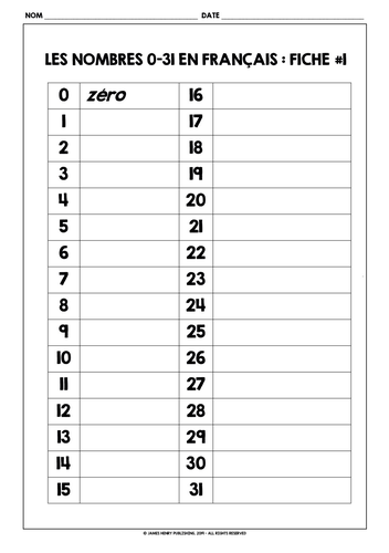 FRENCH NUMBERS 0-31 WORKSHEETS FREEBIE #1 | Teaching Resources