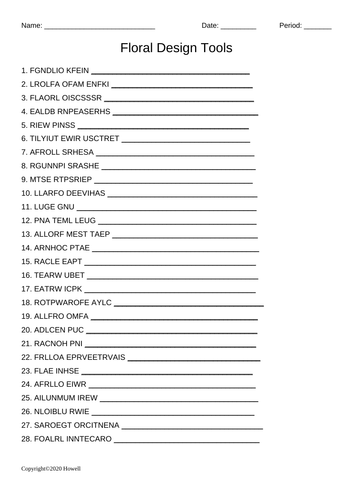 Floral Design Tools Word Scramble | Teaching Resources
