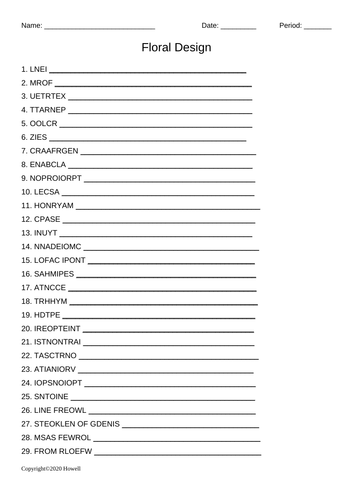 Floral Design Word Scramble | Teaching Resources