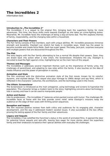 The Movie "The Incredibles 2" | Teaching Resources