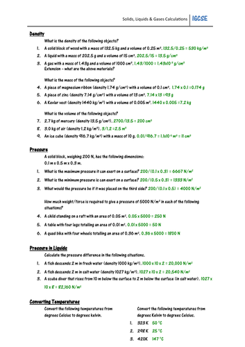 Solids, Liquids & Gases Calculations Worksheet | Teaching Resources