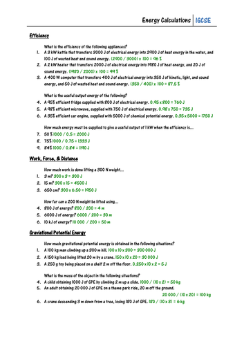 Energy Calculations Worksheet | Teaching Resources