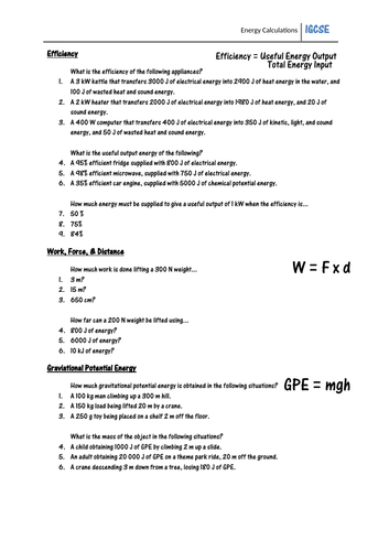 Energy Calculations Worksheet | Teaching Resources