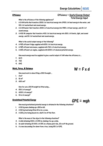 Energy Calculations Worksheet | Teaching Resources