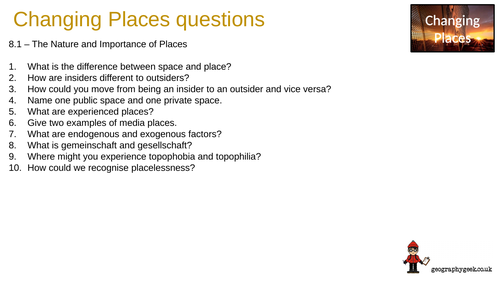 AQA Changing Places revision questions | Teaching Resources AQA Changing Places revision questions | Teaching Resources