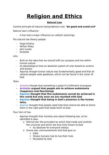 AS+A Level RS Notes Paper 2: Religion and Ethics | Teaching Resources