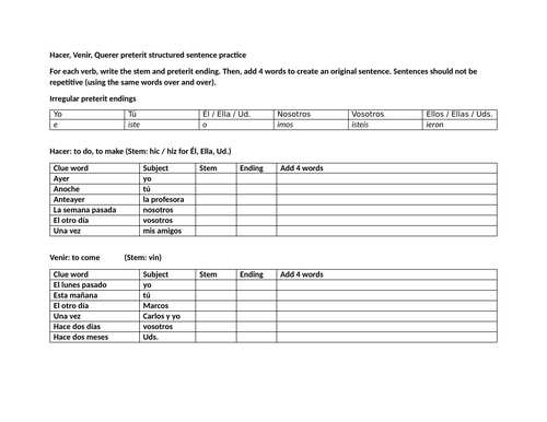 I stem verbs preterit structured sentence practice (Hacer, Querer ...
