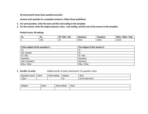 IR verb preterit tense basic questions practice | Teaching Resources