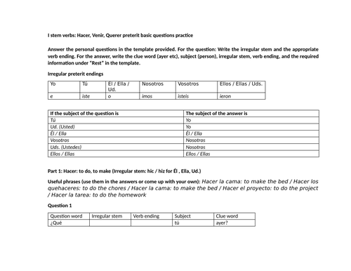 I stem verbs: Hacer, Venir, Querer preterit basic questions practice ...