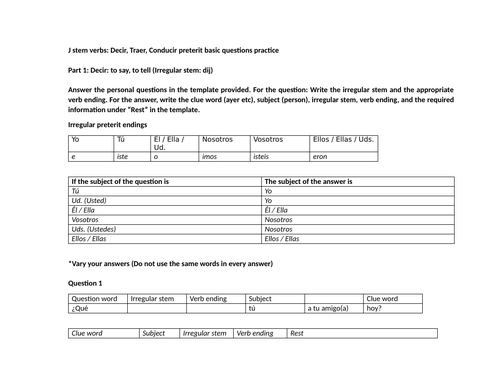 J stem verbs preterit basic questions practice | Teaching Resources