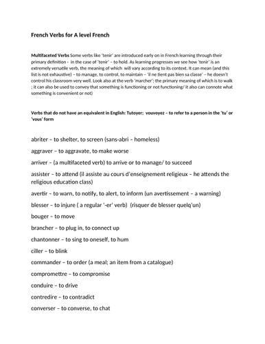 French A Level revision sheet: expanding vocabulary | Teaching Resources