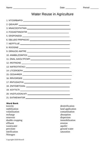 Water Reuse in Agriculture Word Scramble | Teaching Resources