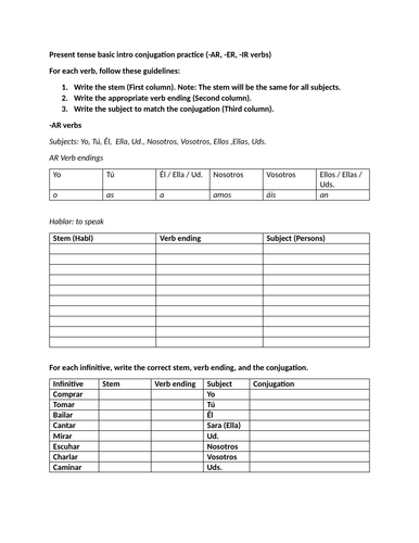 Present tense basic intro conjugation practice (-AR, -ER, -IR verbs ...