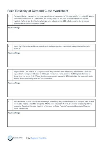 Price Elasticity of Demand (PED) Calculation Worksheet - A-Level AQA ...