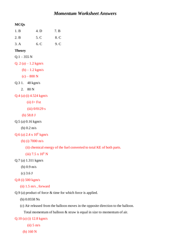 Momentum Questions & Answers with O/N 2023 | Teaching Resources