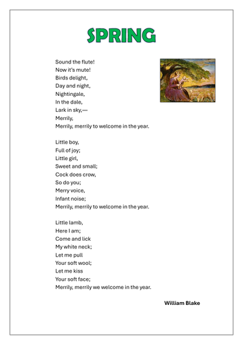 Spring - William Blake - KS2 Reading Comprehension Lesson! | Teaching ...