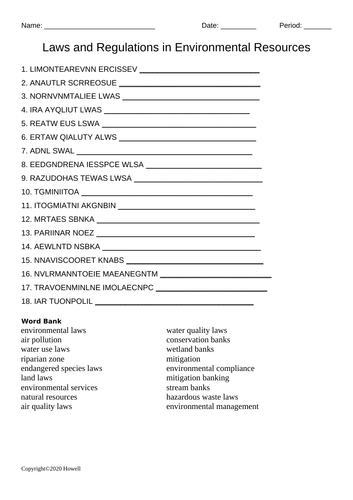 Laws and Regulations in Environmental Resources Word Scramble ...