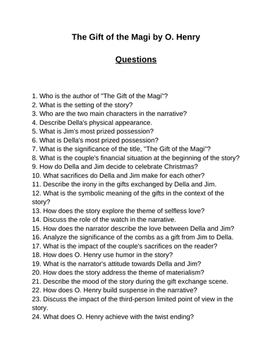 The Gift of the Magi. Reading Comprehension Questions, Multiple-choice ...