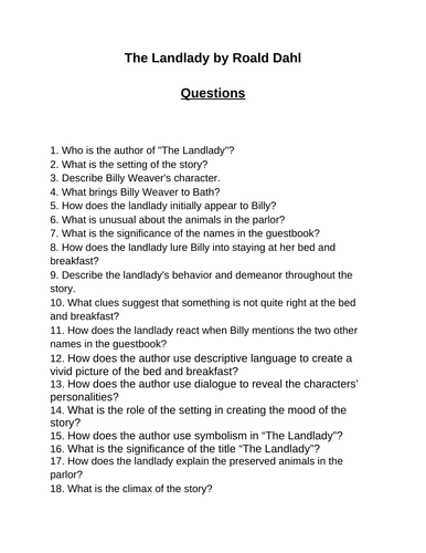 The Landlady. Reading Comprehension Questions, Multiple-choice ...