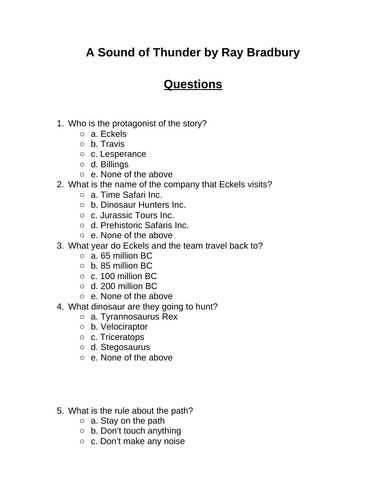 A Sound of Thunder. Reading Comprehension Questions, Multiple-choice ...