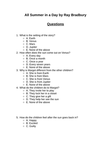 All Summer in a Day. Reading Comprehension Questions, Multiple-choice ...