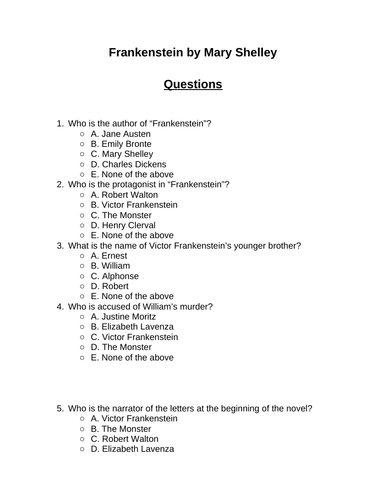 Frankenstein. Reading Comprehension Questions, Multiple-choice ...