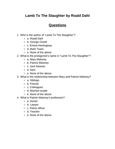Lamb To The Slaughter. Reading Comprehension Questions, Multiple-choice ...